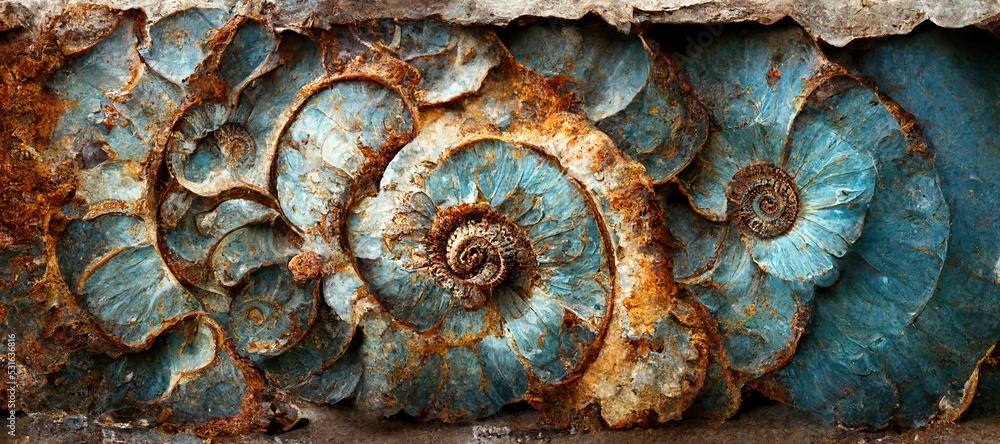 Elaborate and unique calcified ammonite sea shell spirals embedded into ...