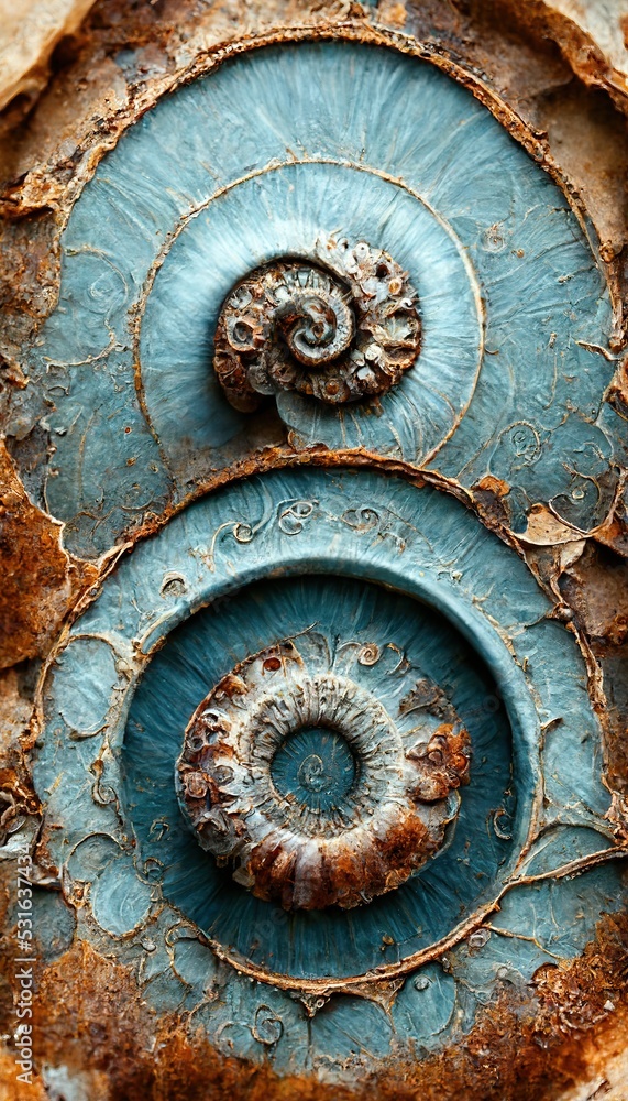 Elaborate and unique calcified ammonite sea shell spirals embedded into ...
