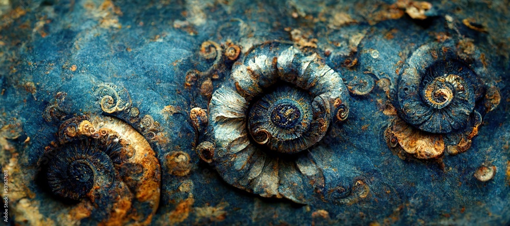 Elaborate and unique calcified ammonite sea shell spirals embedded into ...