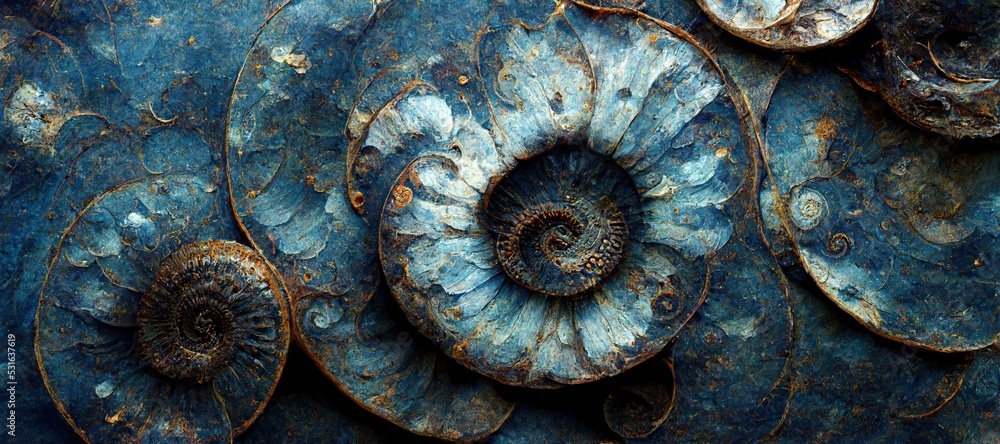 Elaborate and unique calcified ammonite sea shell spirals embedded into ...