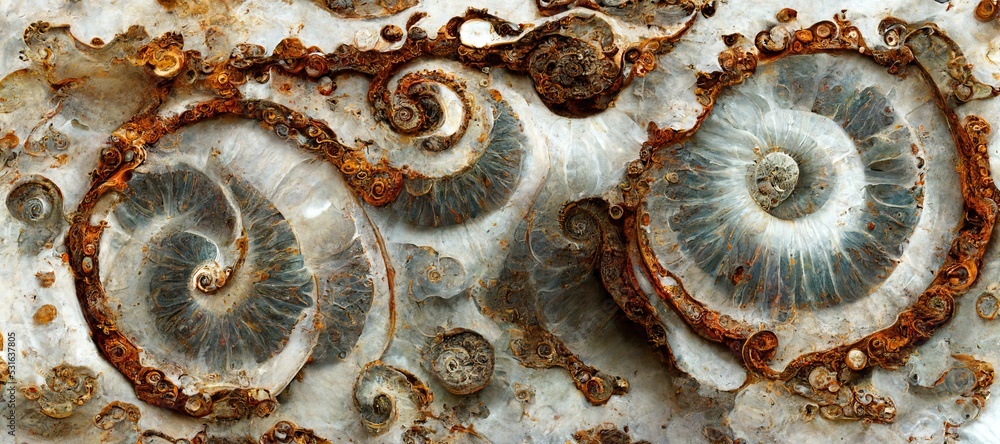 Elaborate and unique calcified ammonite sea shell spirals embedded into ...