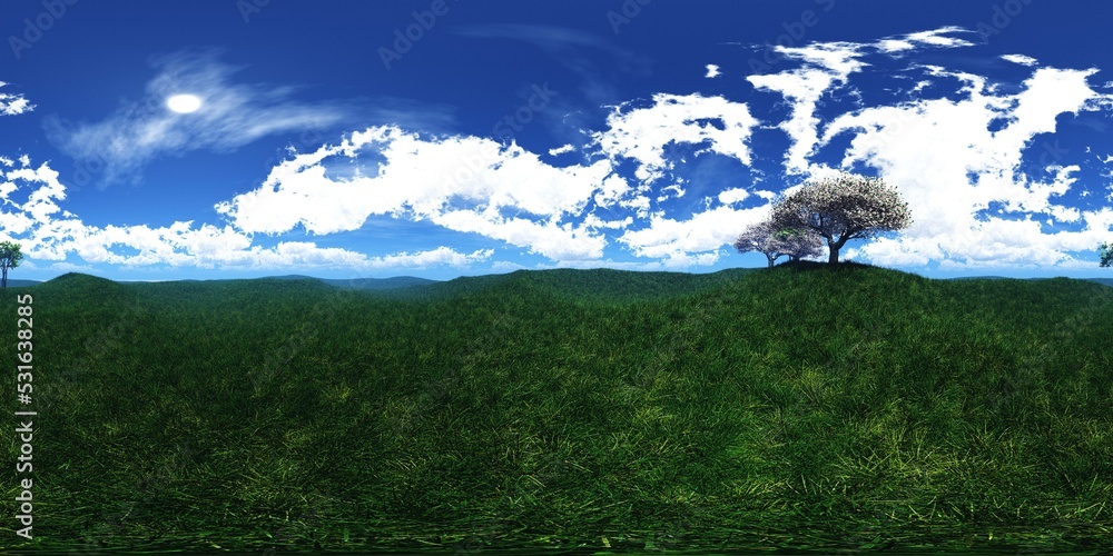 Green grass meadow with a tree against the sky with clouds,, HDRI ...
