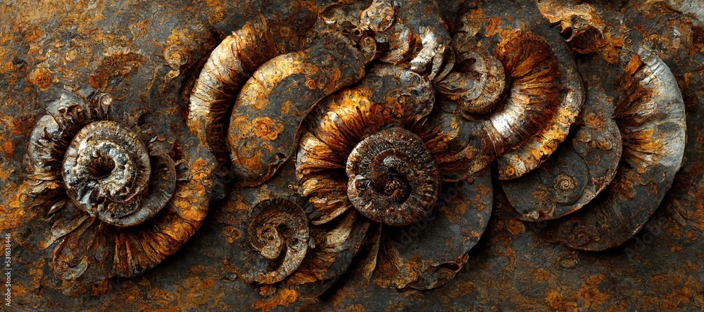Elaborate and unique calcified ammonite sea shell spirals embedded into ...