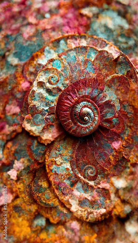 Elaborate and unique calcified ammonite sea shell spirals embedded into ...