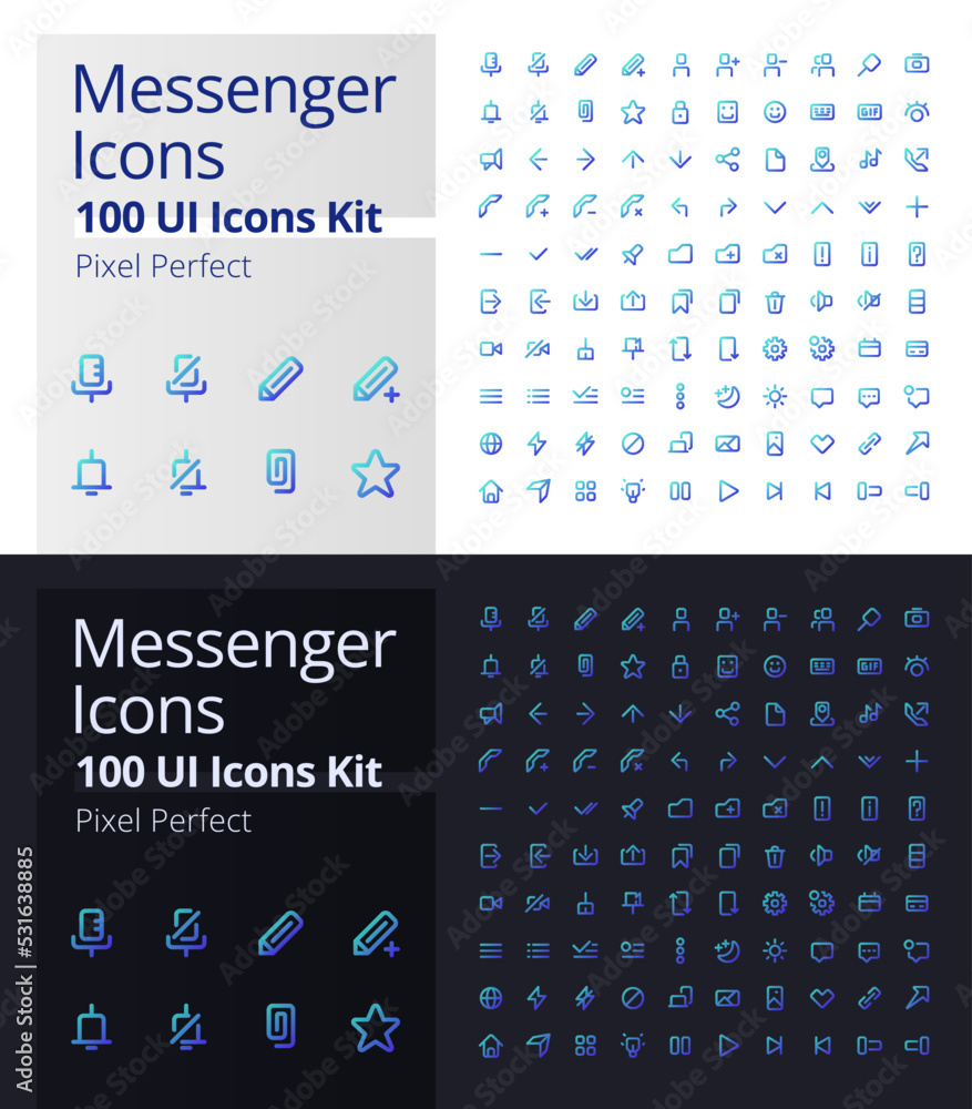 Messenger pixel perfect gradient linear ui icons kit for dark, light mode. Online communication ...