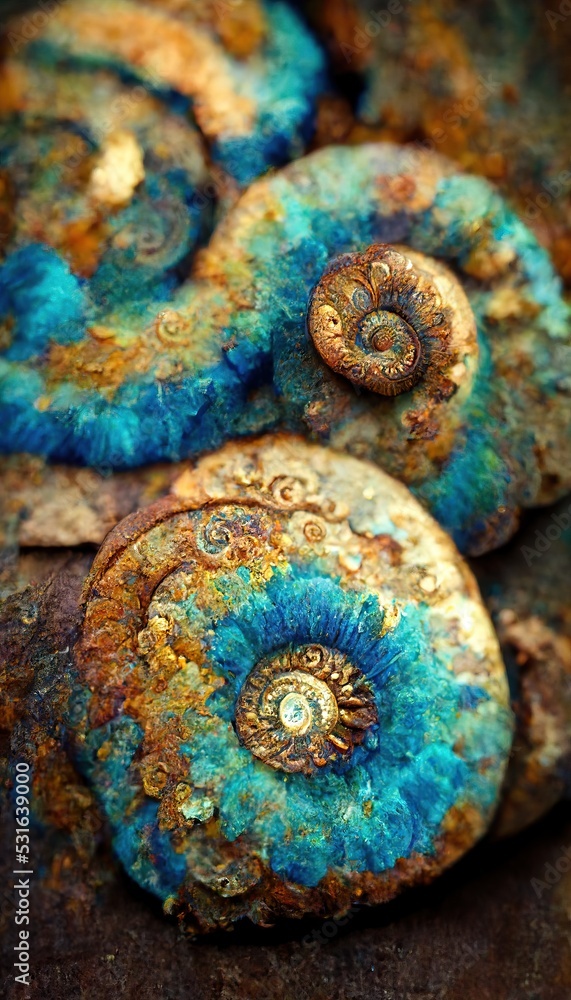 Elaborate and unique calcified ammonite sea shell spirals embedded into ...