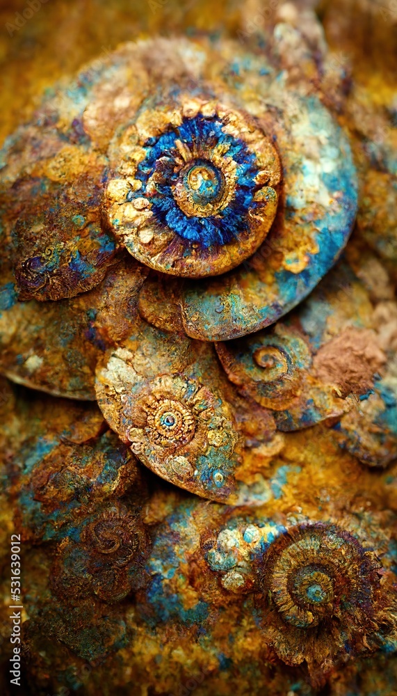 Elaborate and unique calcified ammonite sea shell spirals embedded into ...