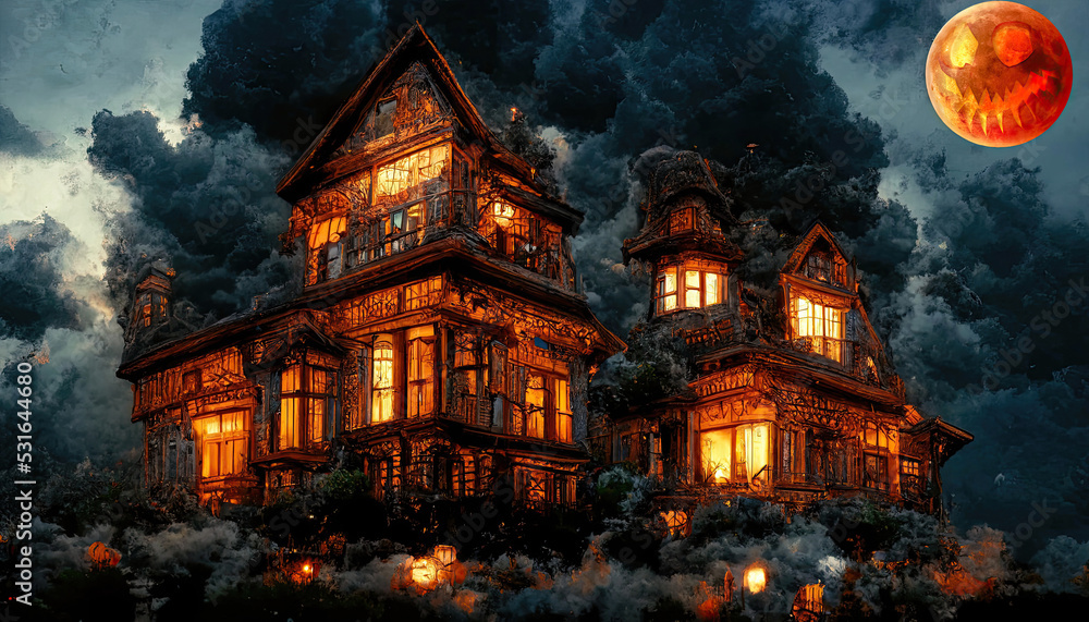 A large colonial house of terror with a red full moon with horror ...