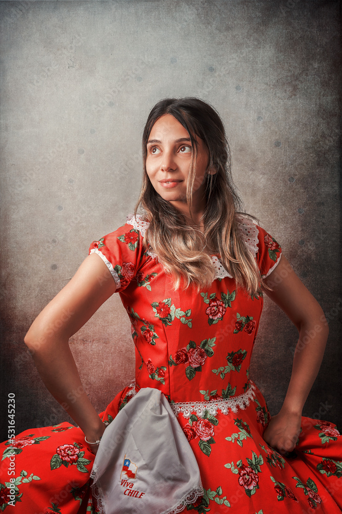 young chilean woman with national dress or folk costume to celebrate ...