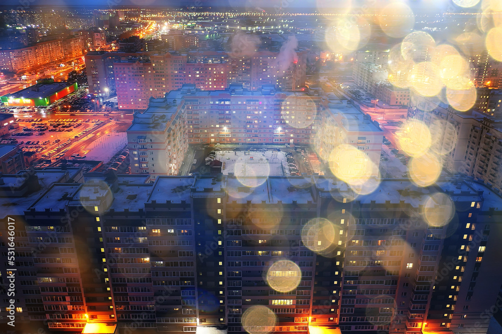 night city top view winter, architecture top roof facade lights Stock ...
