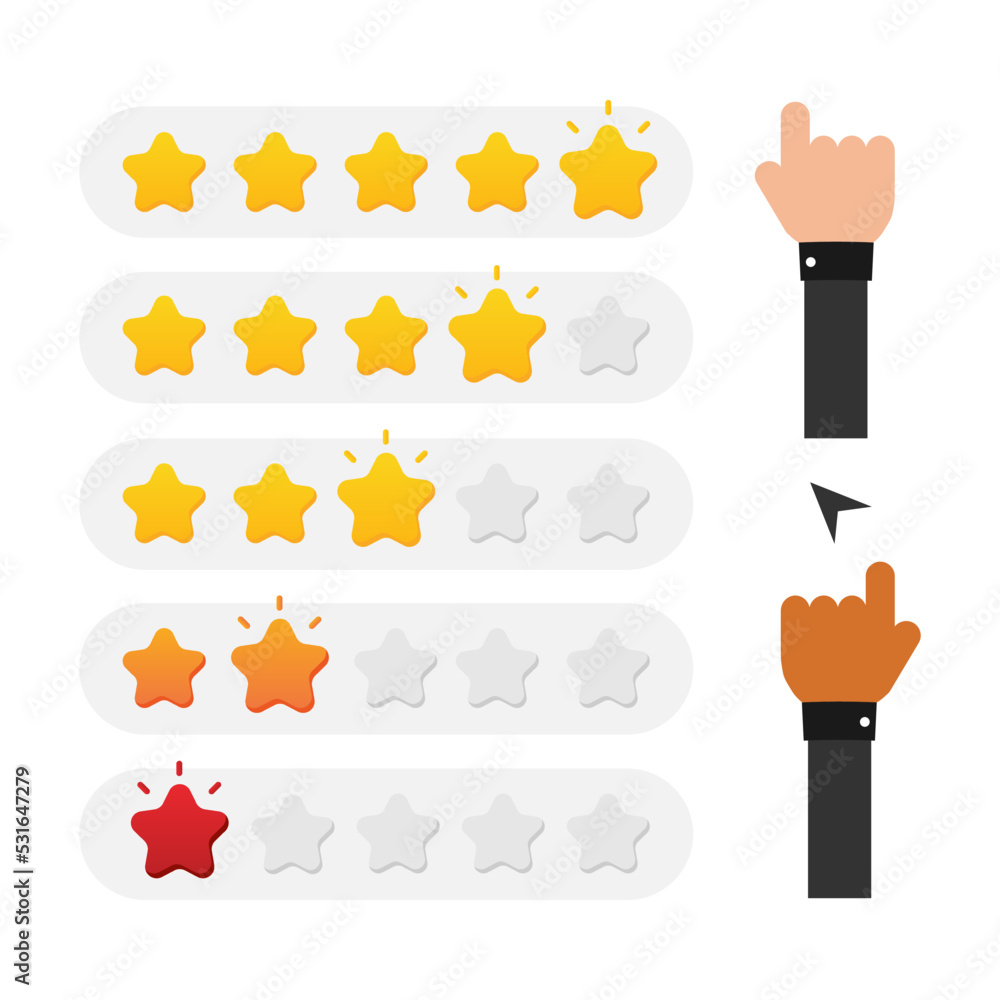 Set, collection of design elements for five star rating design. 5 stars to 1 star rating labels ...