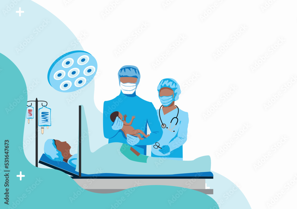 The doctor and nurses perform a caesarean section under epidural ...