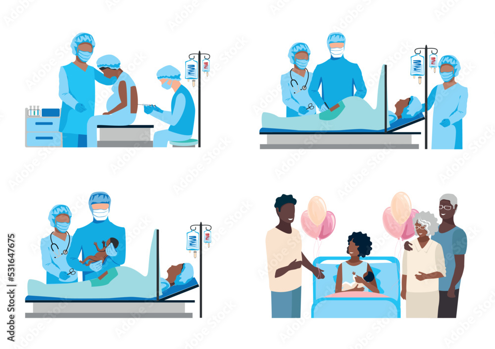 The doctor and nurses perform a caesarean section under epidural ...