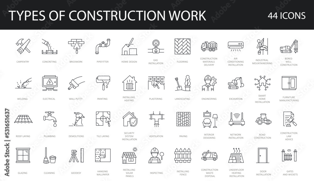 Set of 44 line icons related to different types of construction works ...