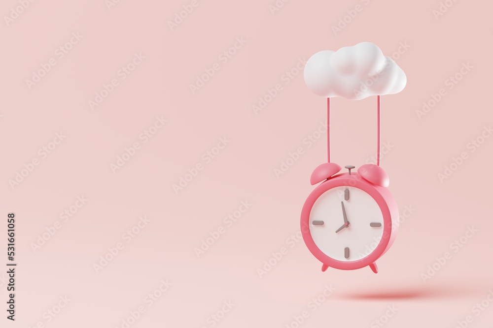 Minimal alarm clock hanging from cloud on pink background. Time ...