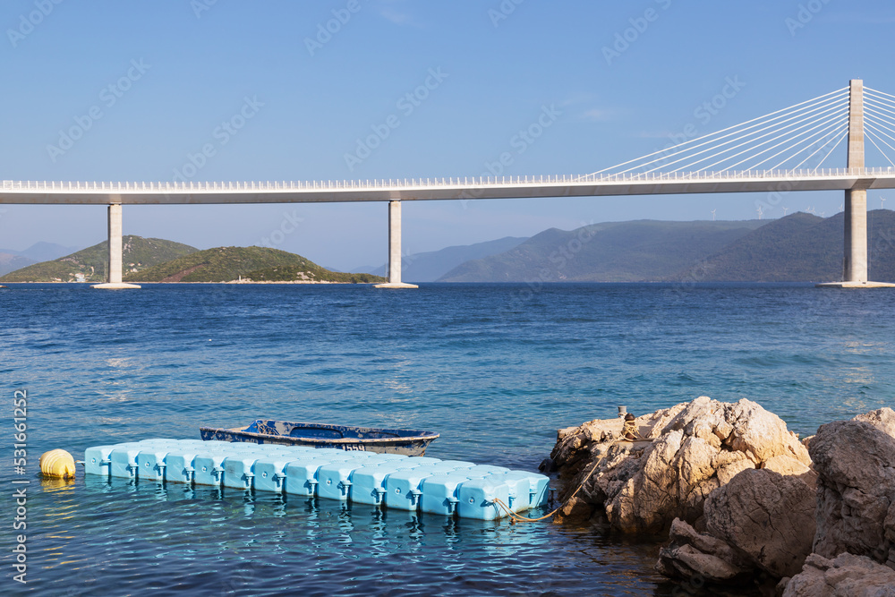 Beautiful modern bridge over the sea to the island of Peljesac in ...