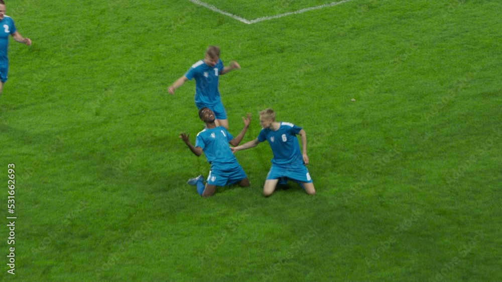 Soccer Football Championship Match: Blue Team: Attacker Running Happy ...