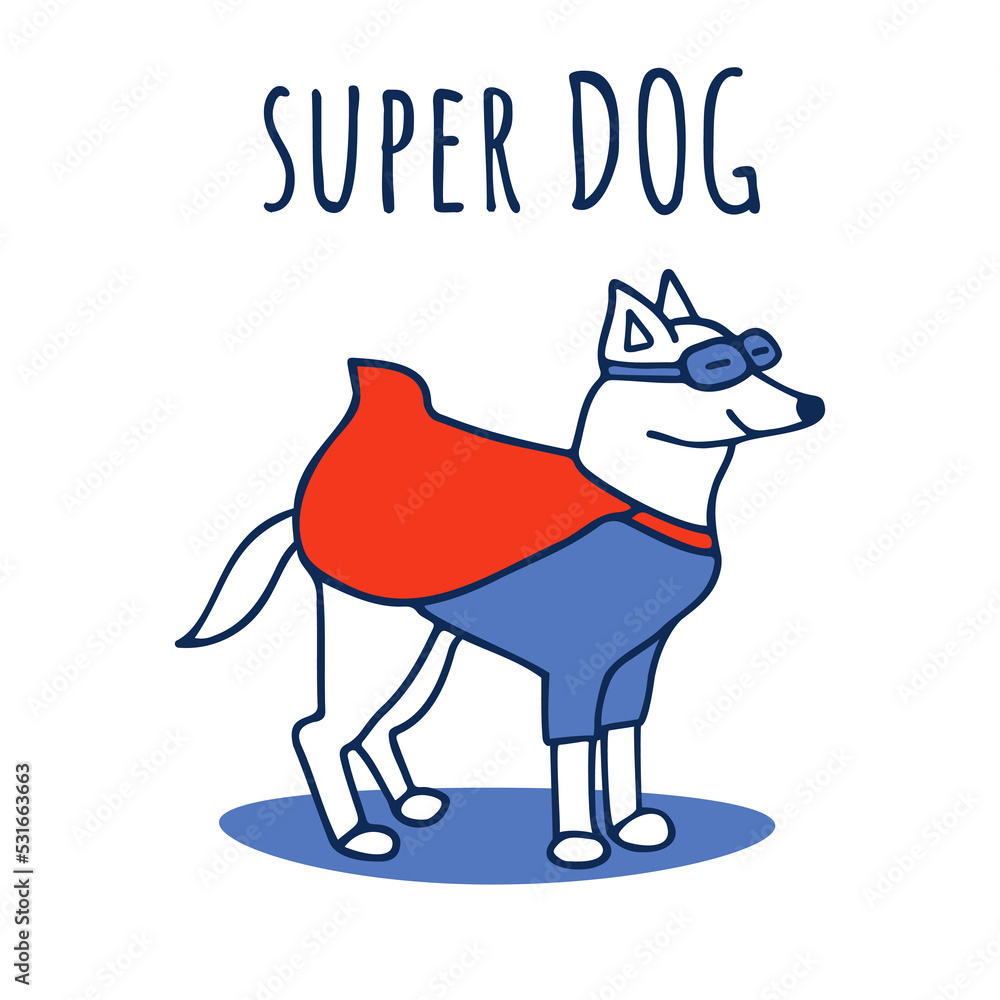 Cute strong dog in superhero clothes blue mask red cape. Super pet ...