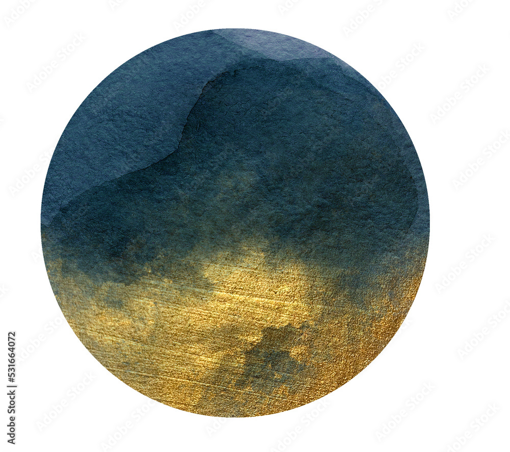 Watercolor dark blue background with golden elements. Beautiful indigo ...
