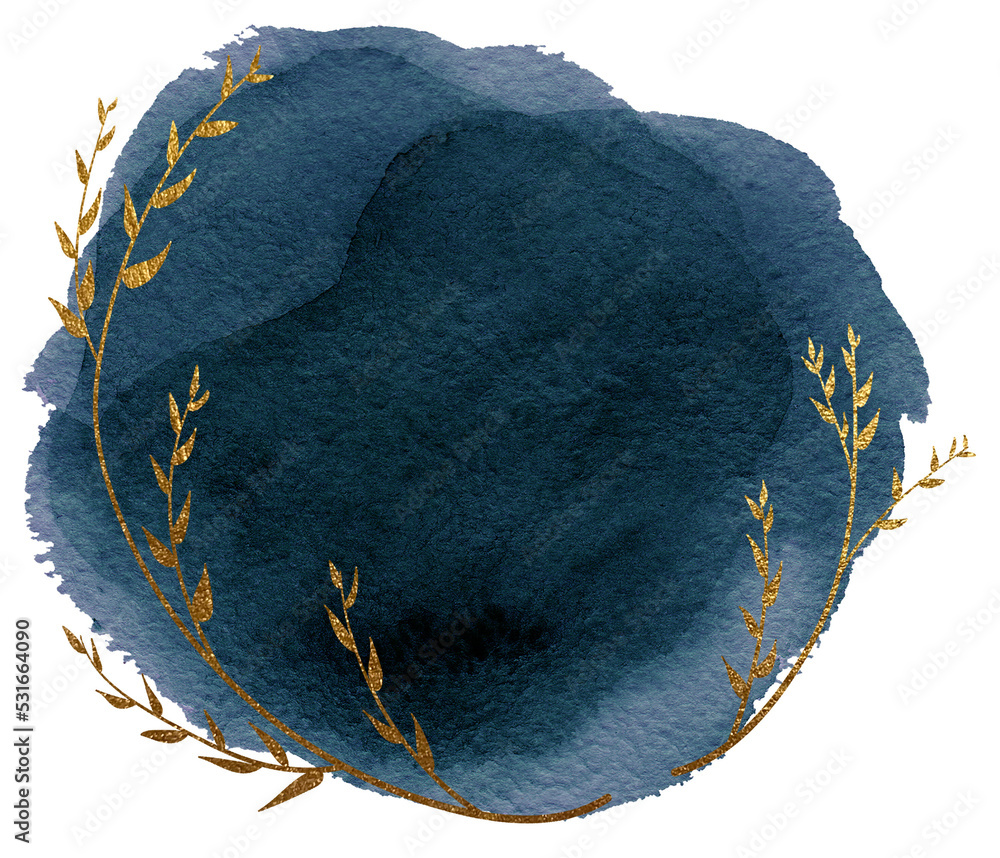 Watercolor dark blue background with golden elements. Beautiful indigo ...