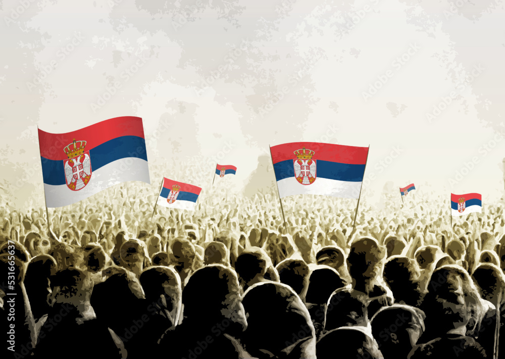 Crowd with the flags of Serbia, people cheering national team of Serbia ...