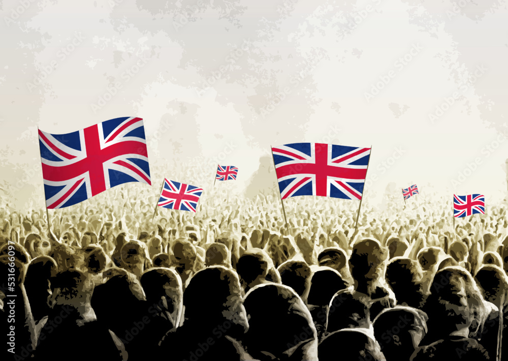 Crowd with the flags of United Kingdom, people cheering national team ...