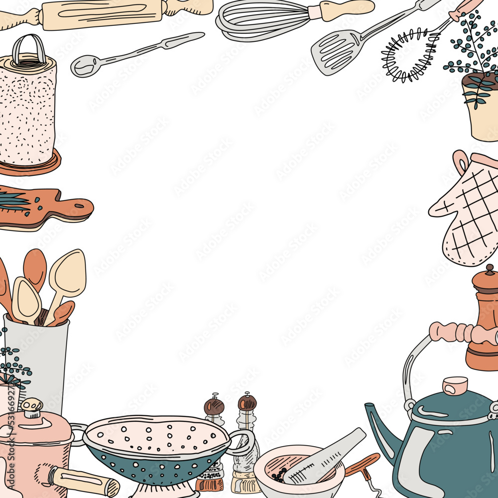Vector border frame with cooking tools drawings. Doodle hand drawn ...