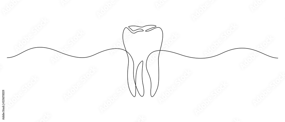 One continuous line drawing of tooth. Dental clinic logo or oral health ...