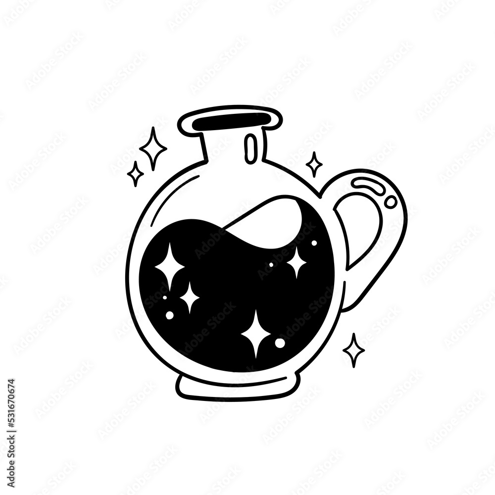 Space potion in a glass vessel. Black and white vector clipart. Stock ...