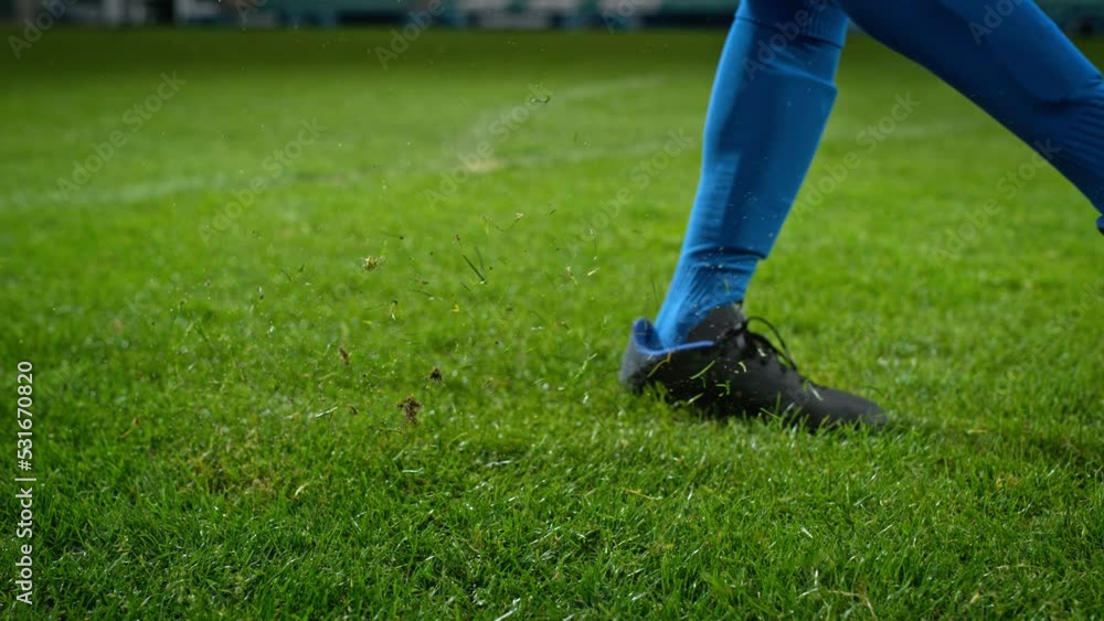 Close-up of a Leg in a Boot Kicking Football Ball. Professional Soccer ...