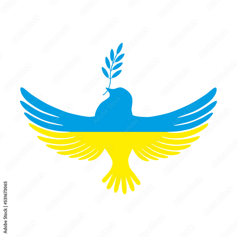 Bird-shaped icon with Ukrainian flag. Peace dove with olive branch. PNG ...