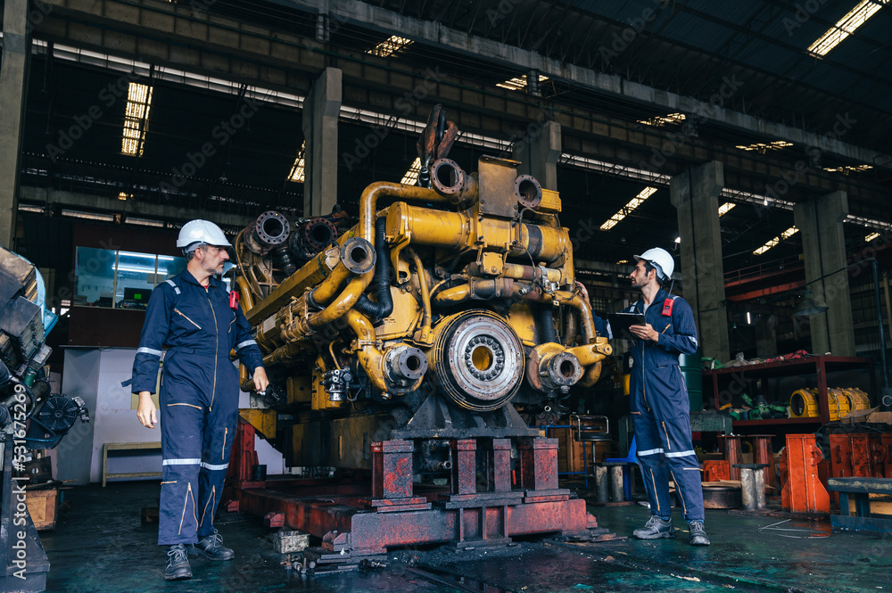 the technician repairing and inspecting the big diesel engine in the ...