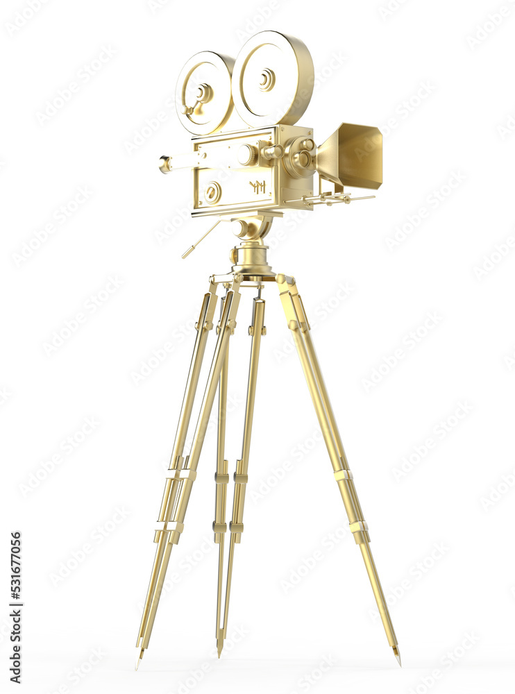 vintage golden retro movie camera on tripod mount isolated on white ...