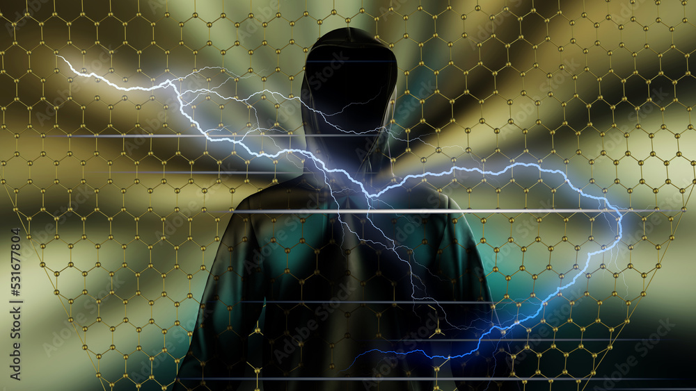 Anonymous hacker with black hoodie and spheres shredded into fine ...