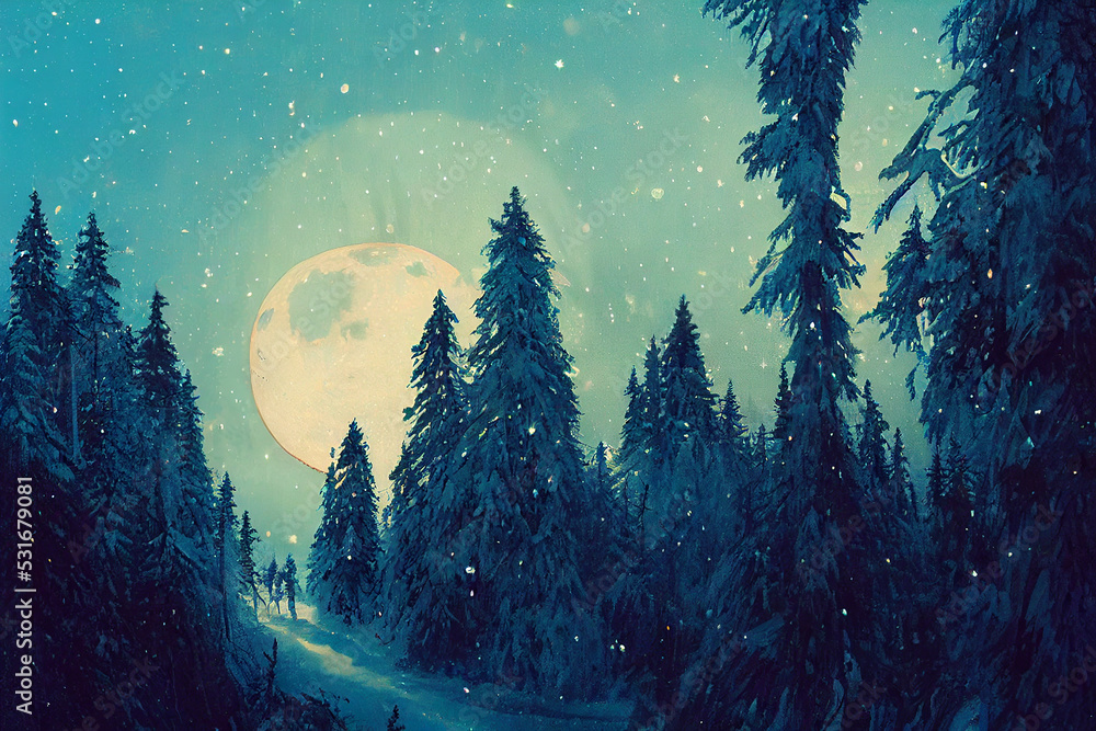 Fantastic Epic Magical Winter Forest Landscape and moon. Beautiful ...