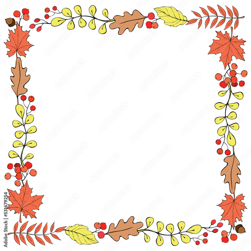 Square colorful frame, border made of colorful autumn leaves, berries ...