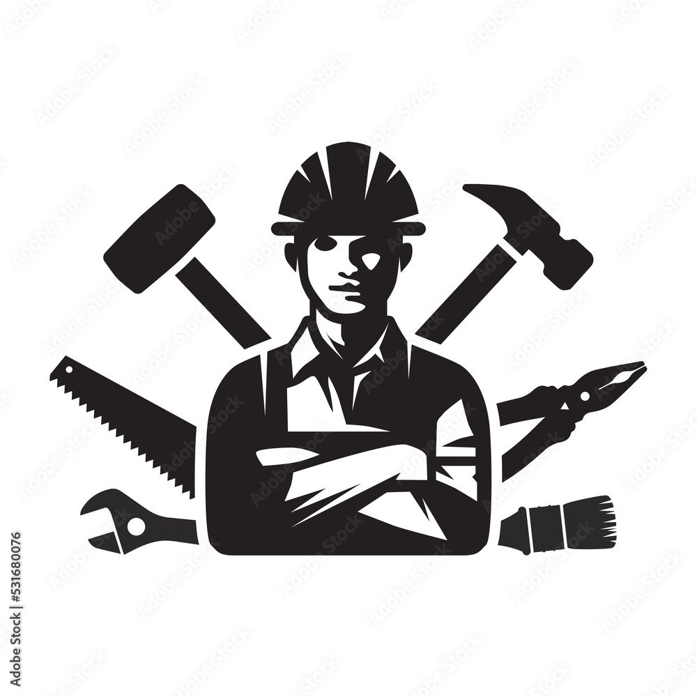The worker icon. Jack of all trades. A black silhouette of a man in a construction helmet ...