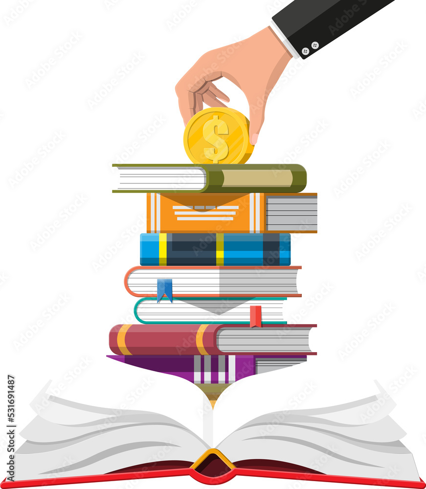 Open book and gold coin in hand Stock Illustration | Adobe Stock