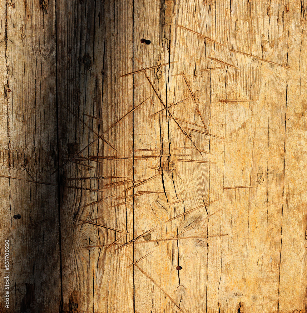 Texture of heavily scratched wooden surface, cut and covered with ...