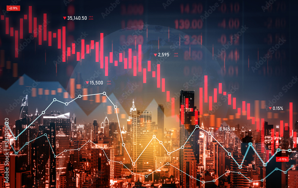 The digital indicators and declining graphs of a stock market crash ...