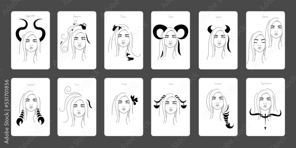 Collection of astrological zodiac signs. Hand drawn line art girl ...