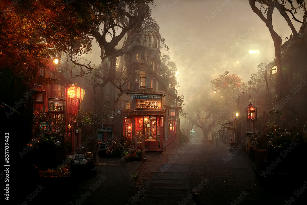 Misty Empty Street of Mystical Autumn Old Town 3D Art Illustration ...