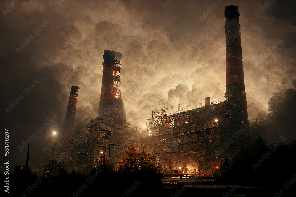 Macabre Scary Haunted Old Industrial Factory 3D Art Illustration ...