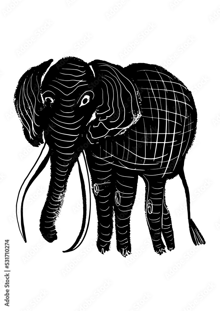 drawing picture old lone kenyan elephant with long tusks, sketch, hand ...
