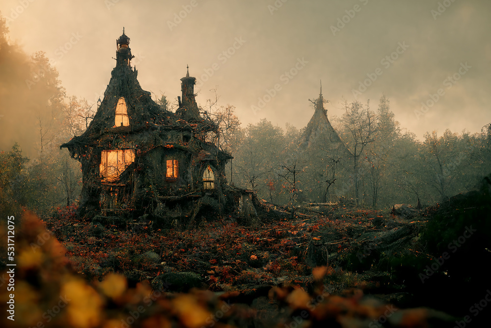 Ilustração do Stock: Spooky Witch House in the Middle of the Forest 3D ...