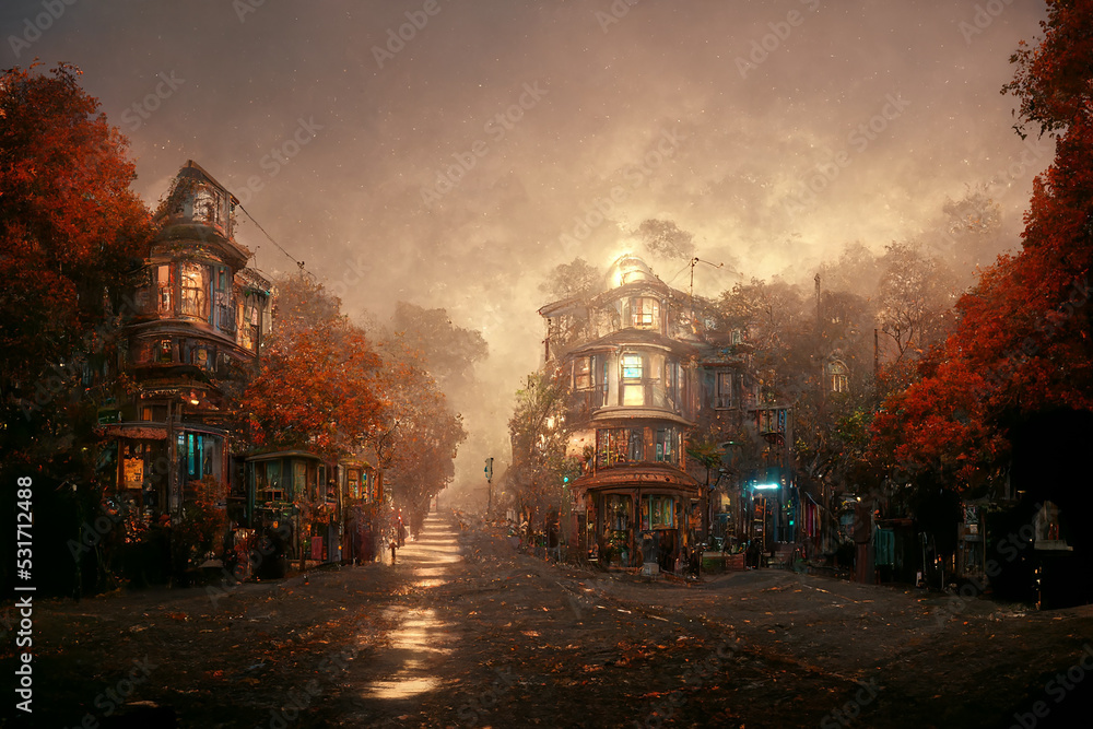 Empty Autumn Misty Street of Mystical Old Town 3D Art Illustration ...