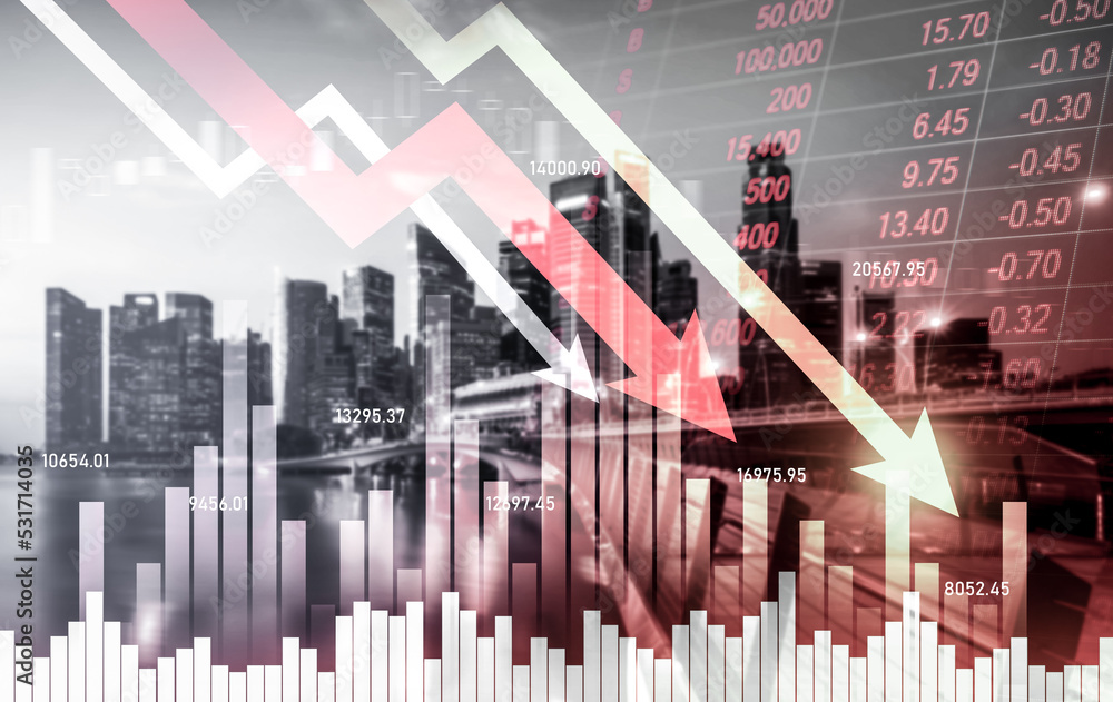 Economic crisis concept shown by digital indicators and graphs falling ...