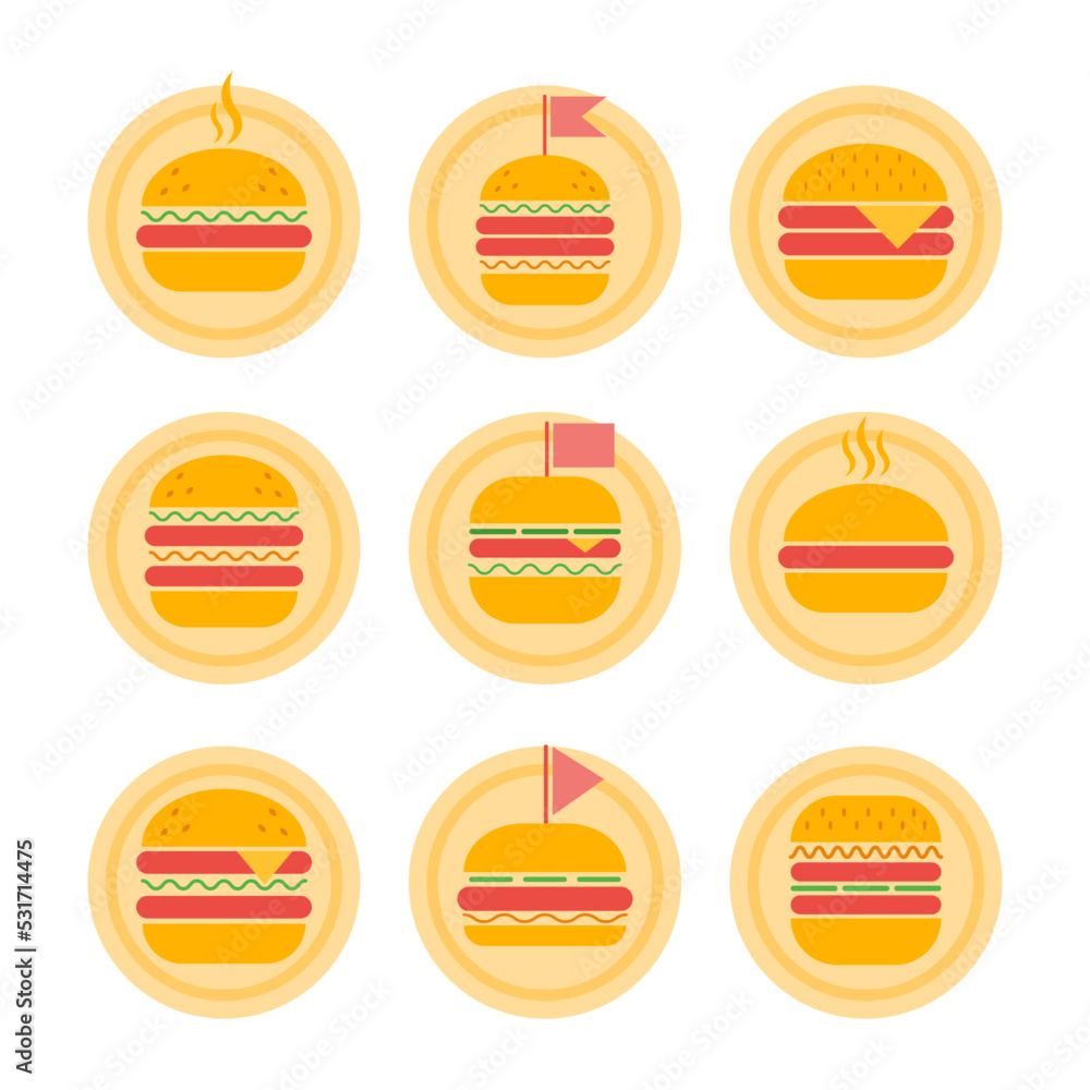 Burger icon set. Fast food sign. Burger of different types in retro ...
