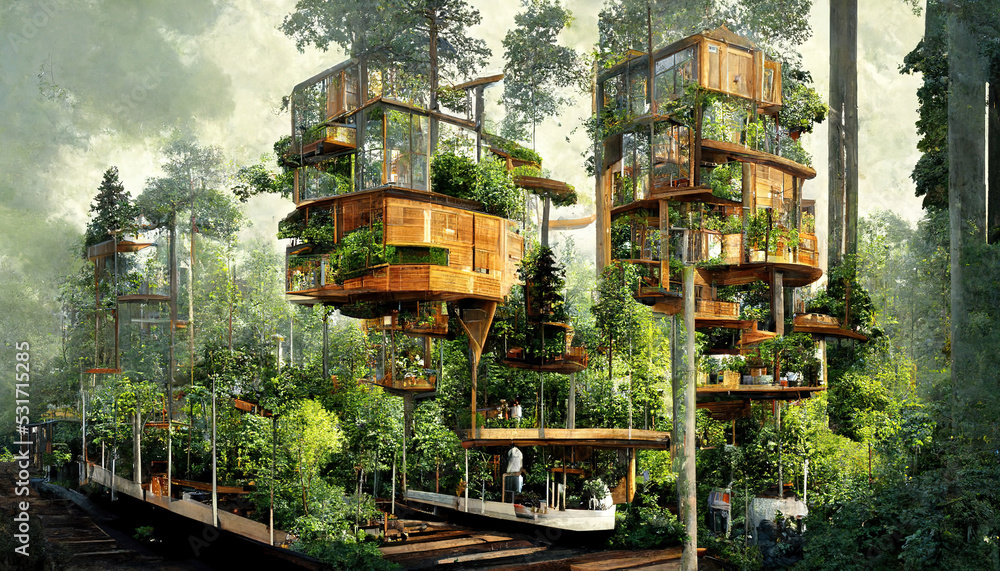 ภาพประกอบสต็อก Spectacular image of a sustainable tree house surrounded ...