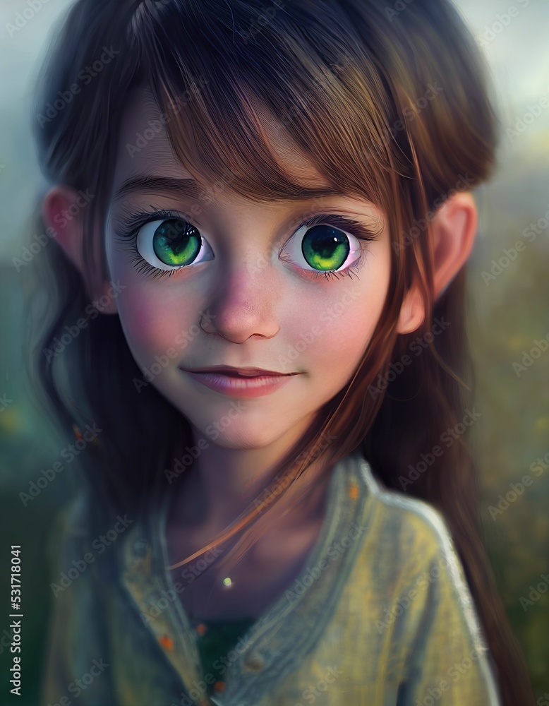 Digital character design. A little girl with green eyes and brown hair ...